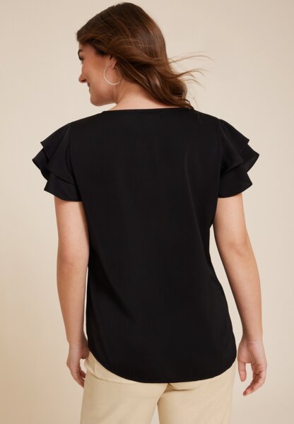 Double Flutter Short Sleeve Blouse For Black | MauricesUS